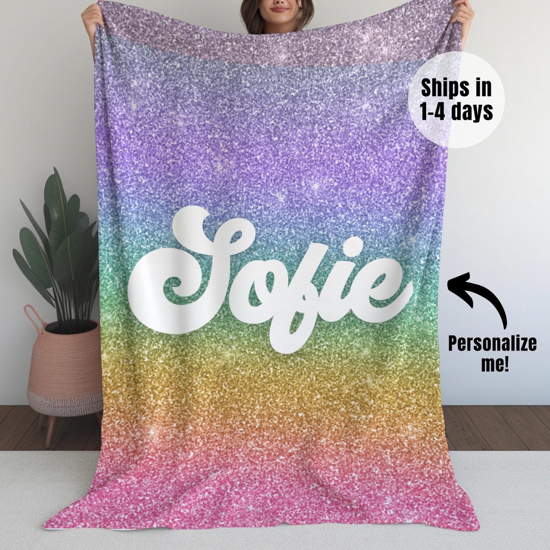 Sparkling Rainbow Glitter Personalized Name Blanket | Custom Name ...