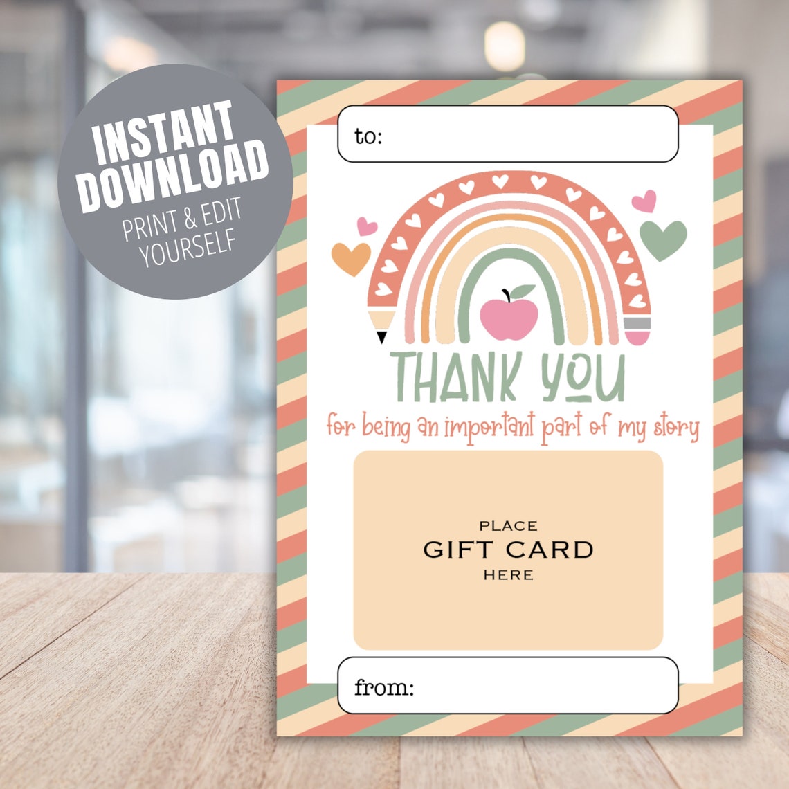 Teacher Gift Card Holder, Printable Teacher Appreciation, Personalized ...