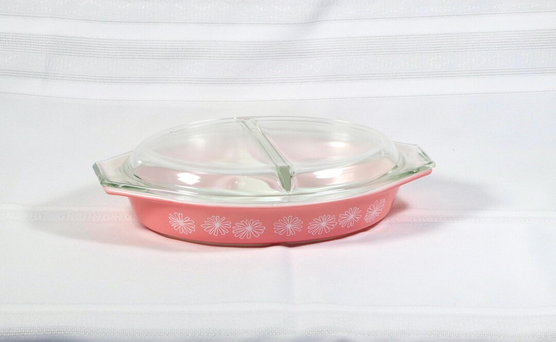 Vintage Pyrex Pink Daisy Divided Oval Casserole Dish 1 1/2 Quart With ...