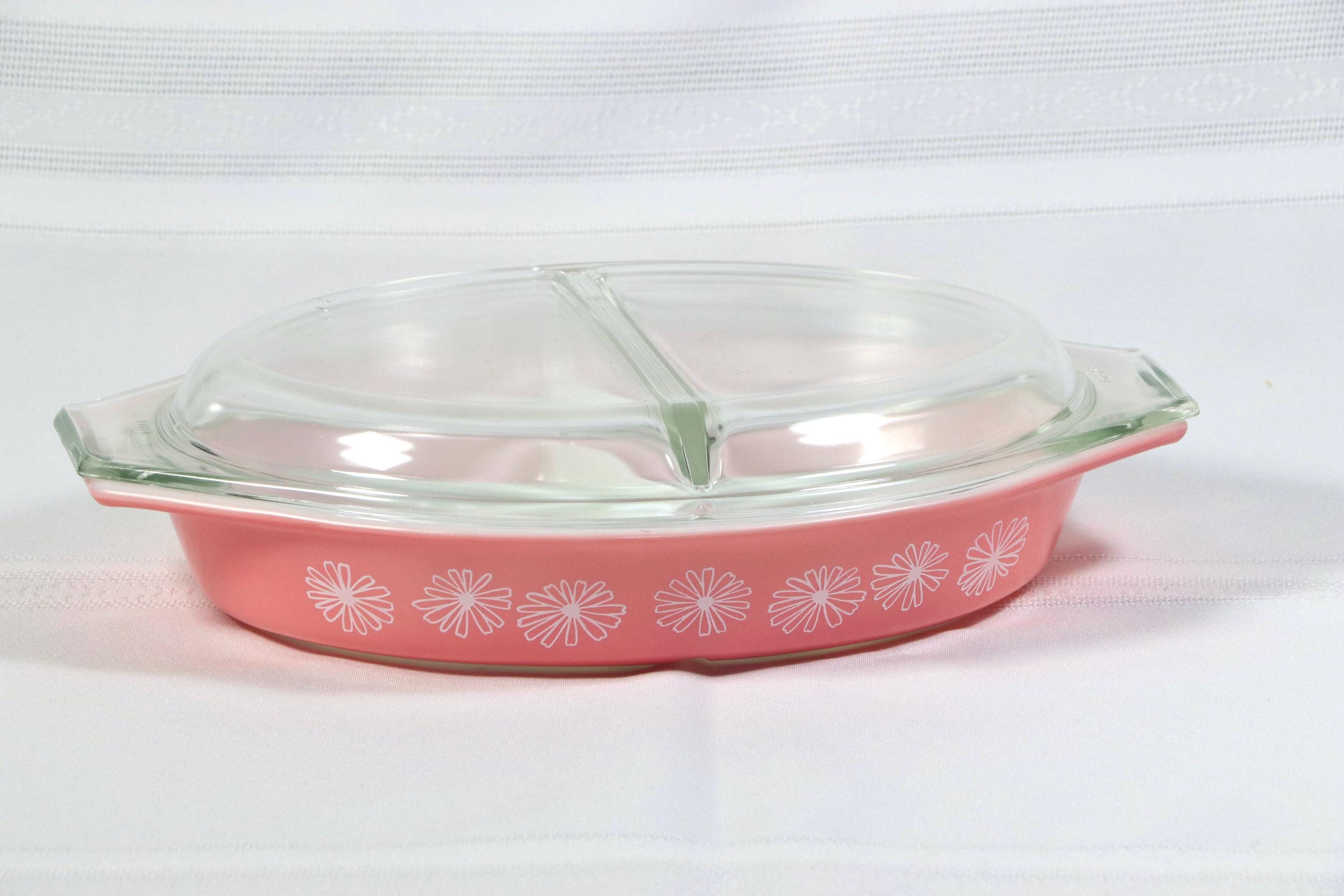 Vintage Pyrex Pink Daisy Divided Oval Casserole Dish 1 1/2 Quart With ...