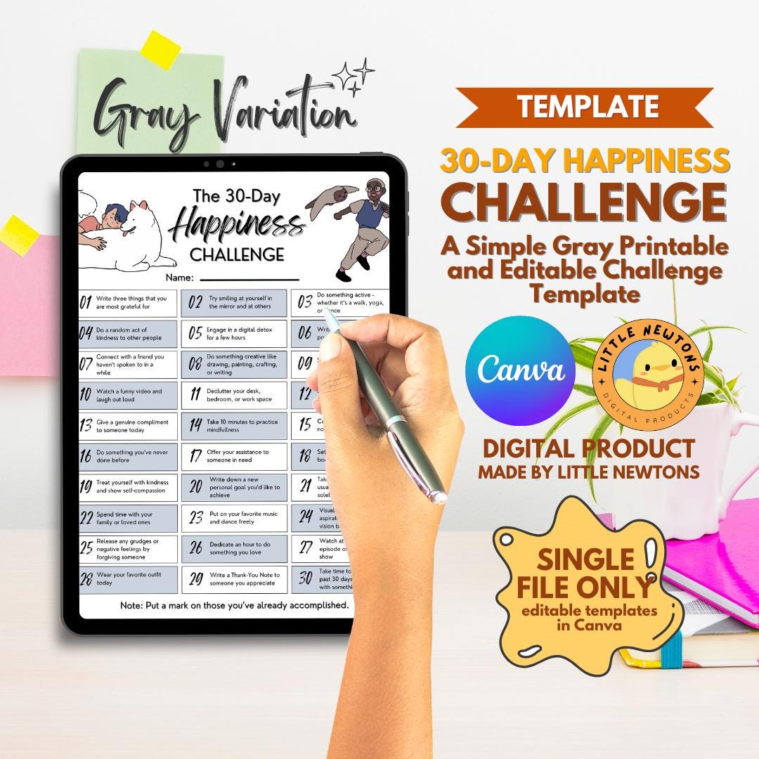 30 Day Happiness Challenge Printable Template, Mental Health Monthly ...