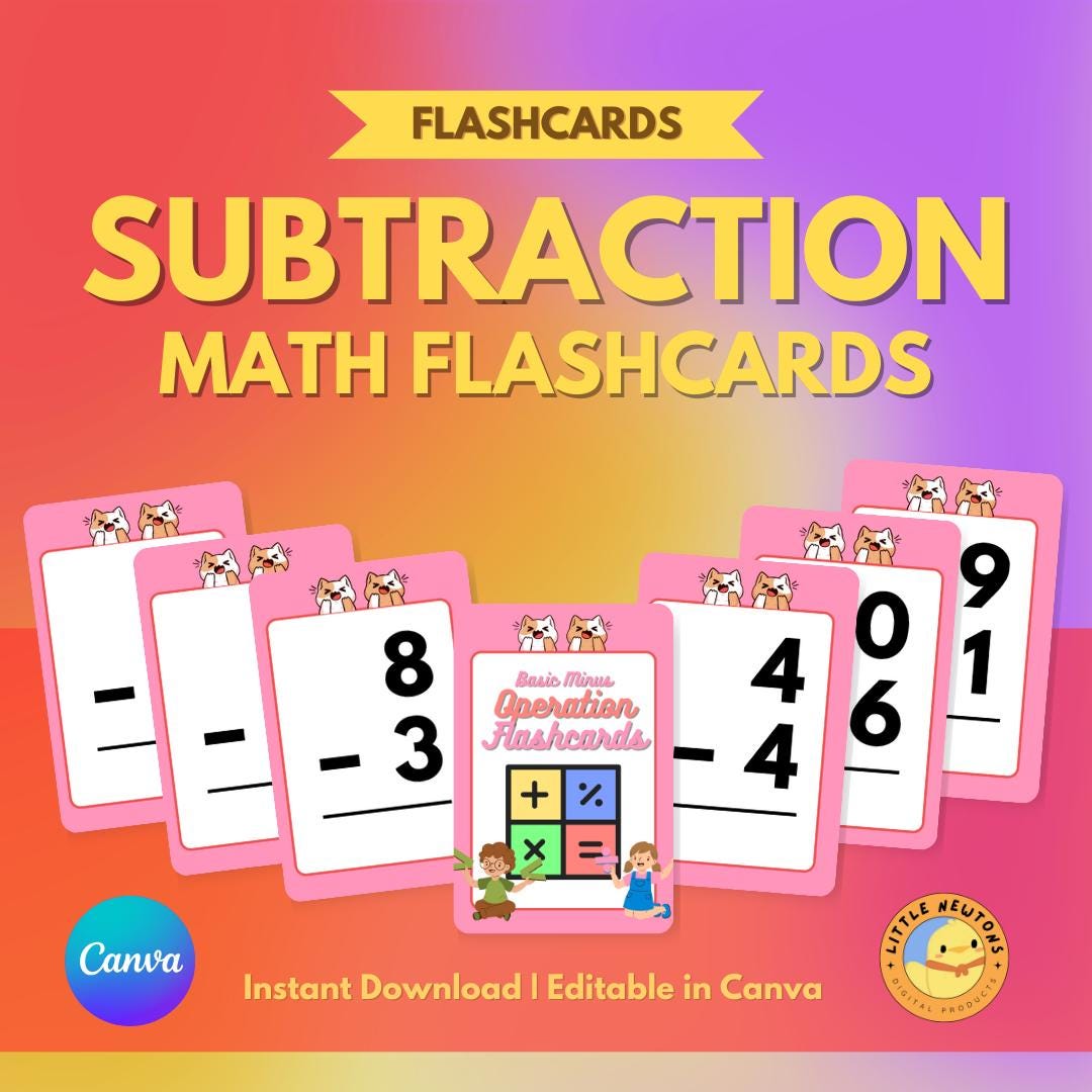 Subtraction Math Flashcards Printable and Editable Basic Minus ...