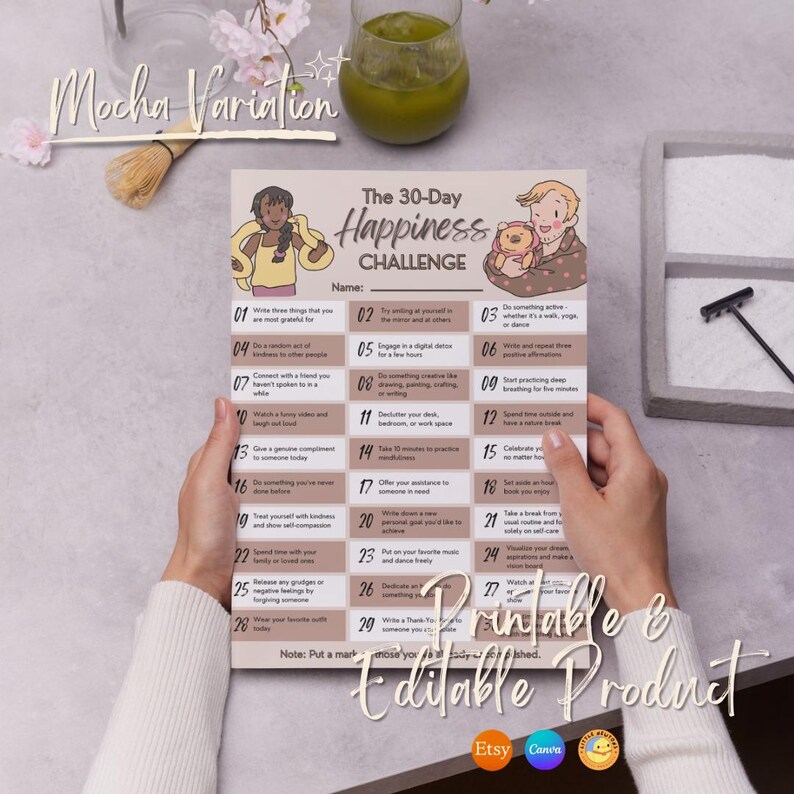 30 Day Happiness Challenge Printable Template, Mental Health ...