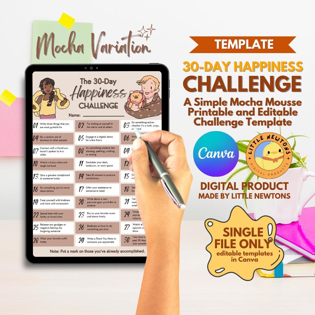 30 Day Happiness Challenge Printable Template, Mental Health ...