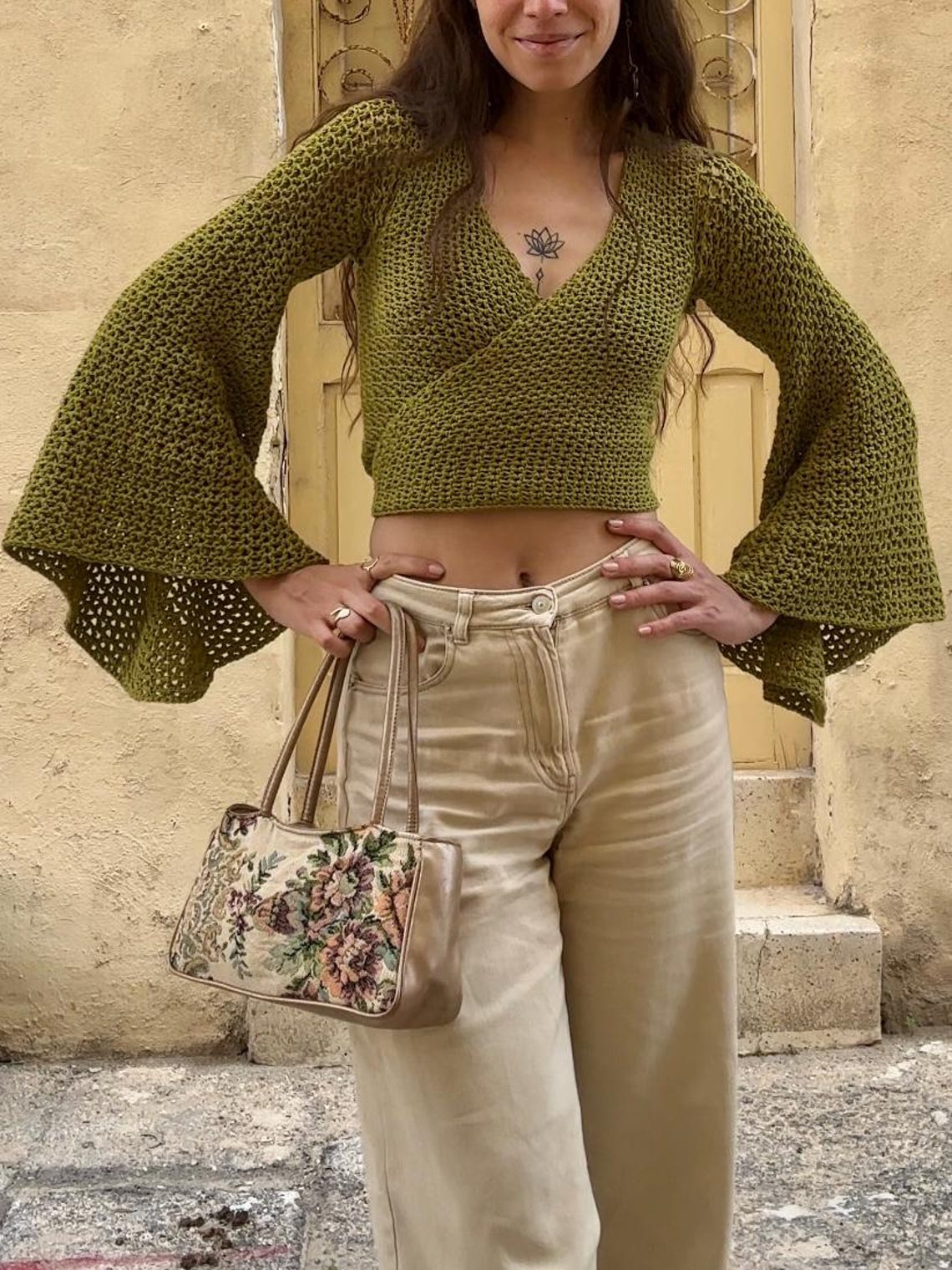 Olive Wrap Top Crochet Pattern | Bell Sleeve Top | Made-to-measure ...