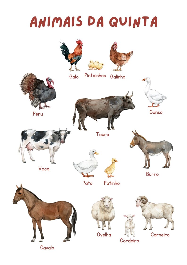 Farm Animals Poster | Portuguese Language, Kids Room Decor (digital ...