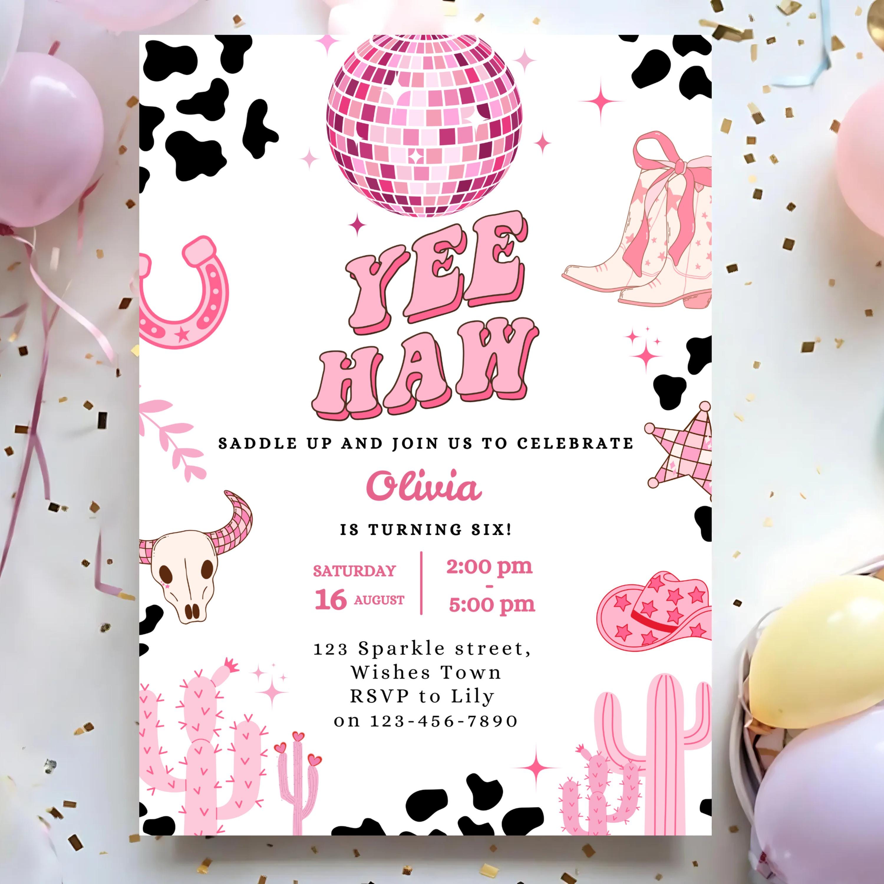 Invitación de cumpleaños de vaquera espacial, fiesta disco rodeo ...