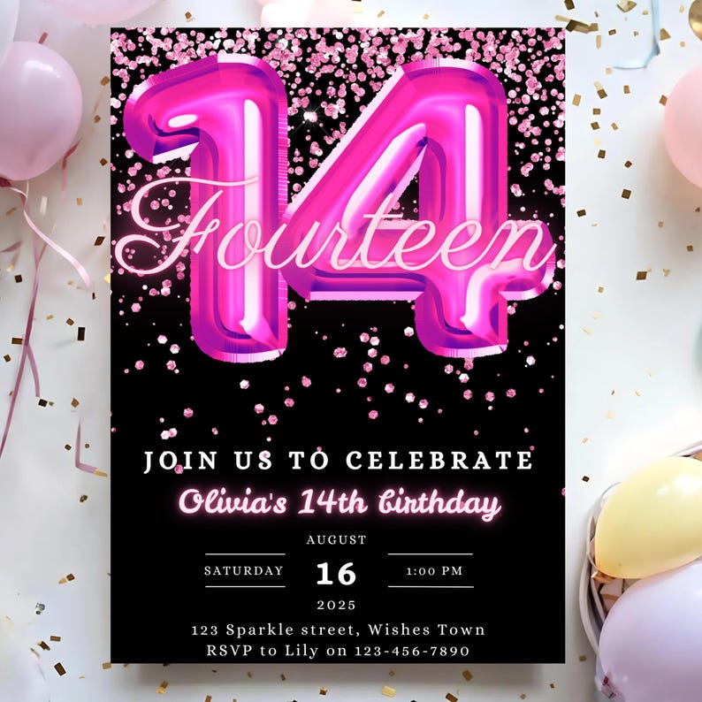 Pink Glitter 14th Birthday Invitation Template, Rainbow Foil (editable ...