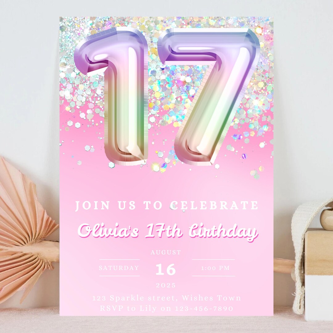 Editable Pink 17th Birthday Invitation Template, Glitter Birthday Party ...