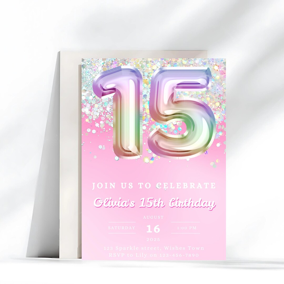 Editable Pink 15th Birthday Invitation Template, Glitter Birthday Party Invite, Rainbow Foil ...