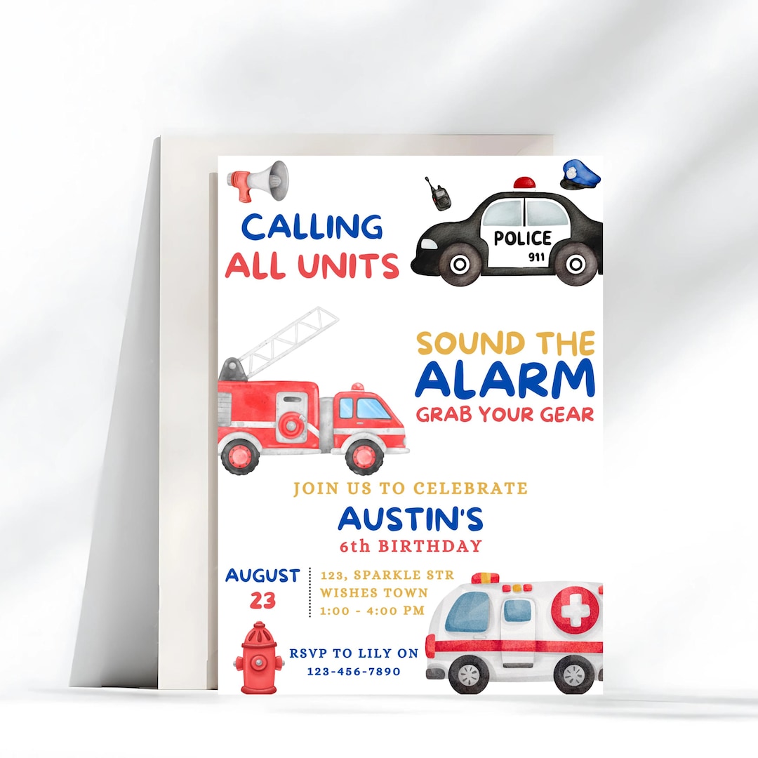Emergency Vehicles Party Invitation Template | Editable Police Car Fire ...