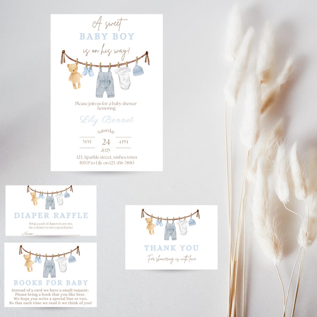 Blue Boy Baby Shower Invitation Bundle | Boho Clothesline Invite Set ...