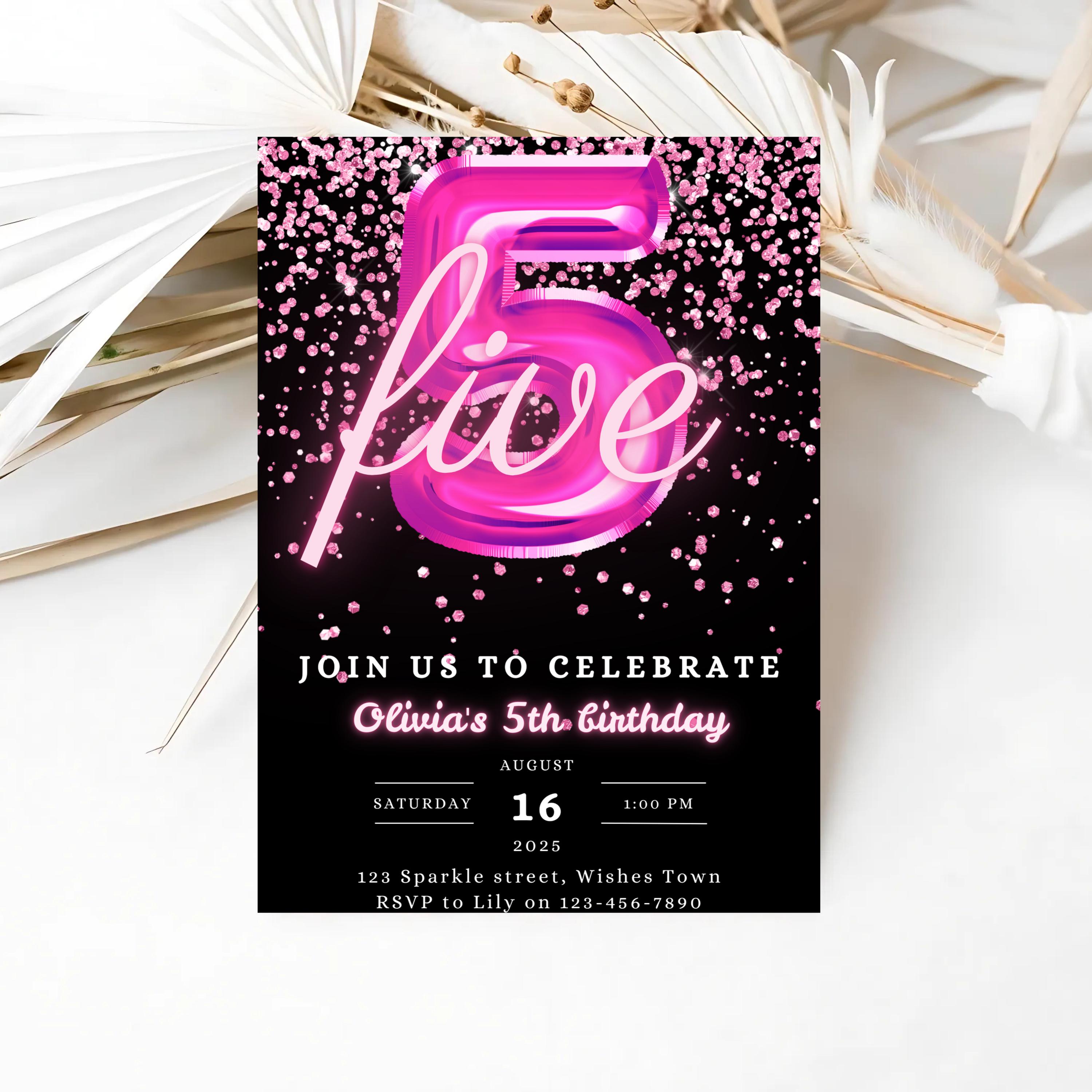 Pink Glitter 5th Birthday Invitation Template (editable & Printable) - Etsy