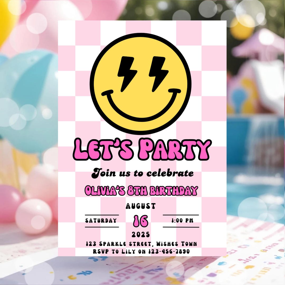 Smiley Face Invite, Smiley Face Birthday Invitation, Pink Retro ...