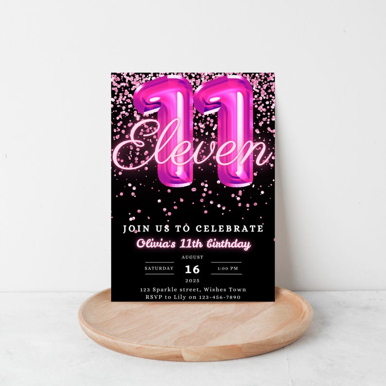 Editable Pink 11th Birthday Invitation Template, Glitter Birthday Party ...