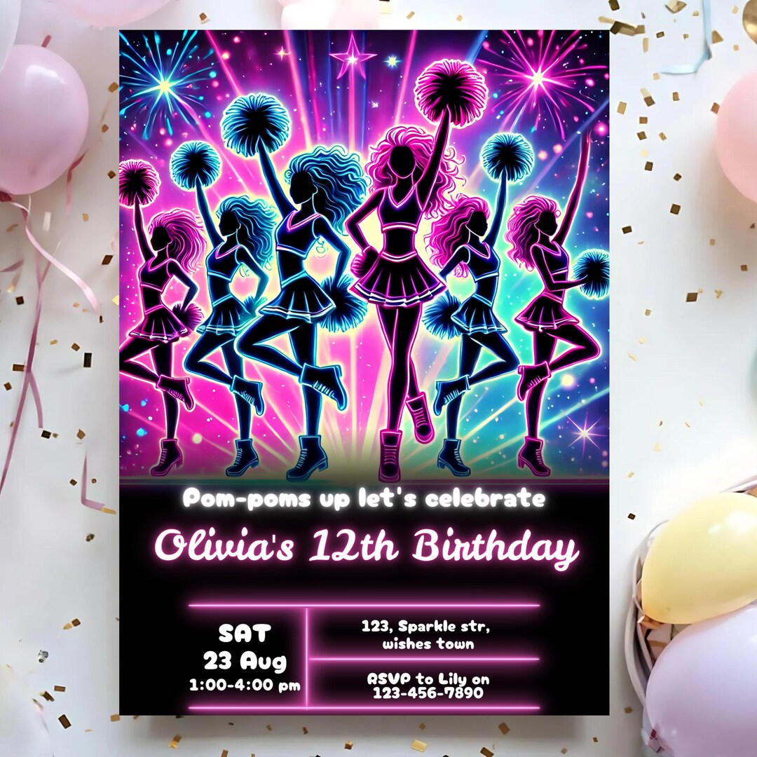 Cheerleading Birthday Invitation Template, Girl Birthday Invite, Cheer ...