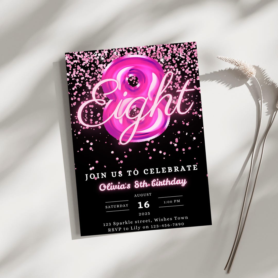Pink Glitter 8th Birthday Invitation Template (editable & Printable) - Etsy