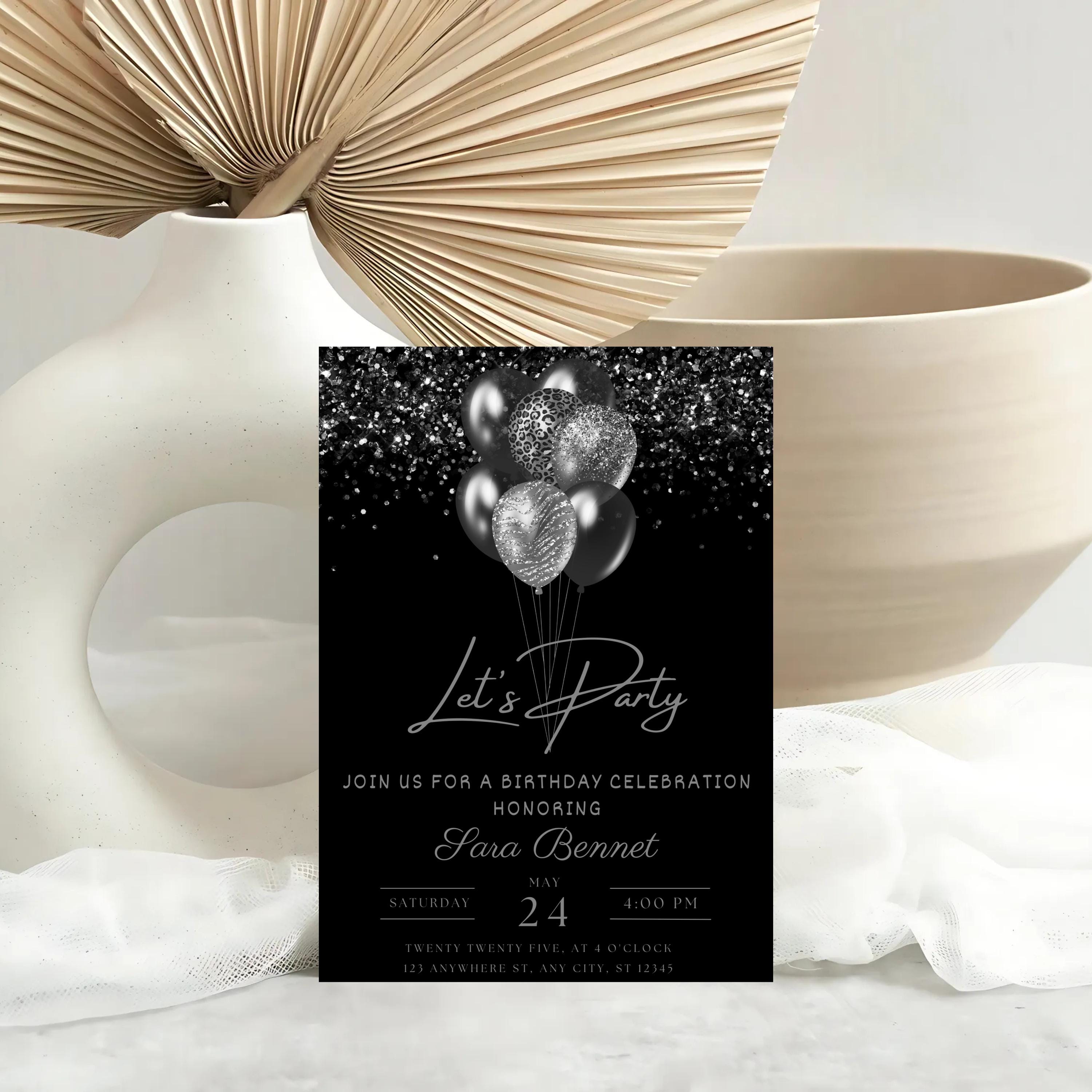 Editable Silver and Black Birthday Invitation, Glitter Balloons Party ...