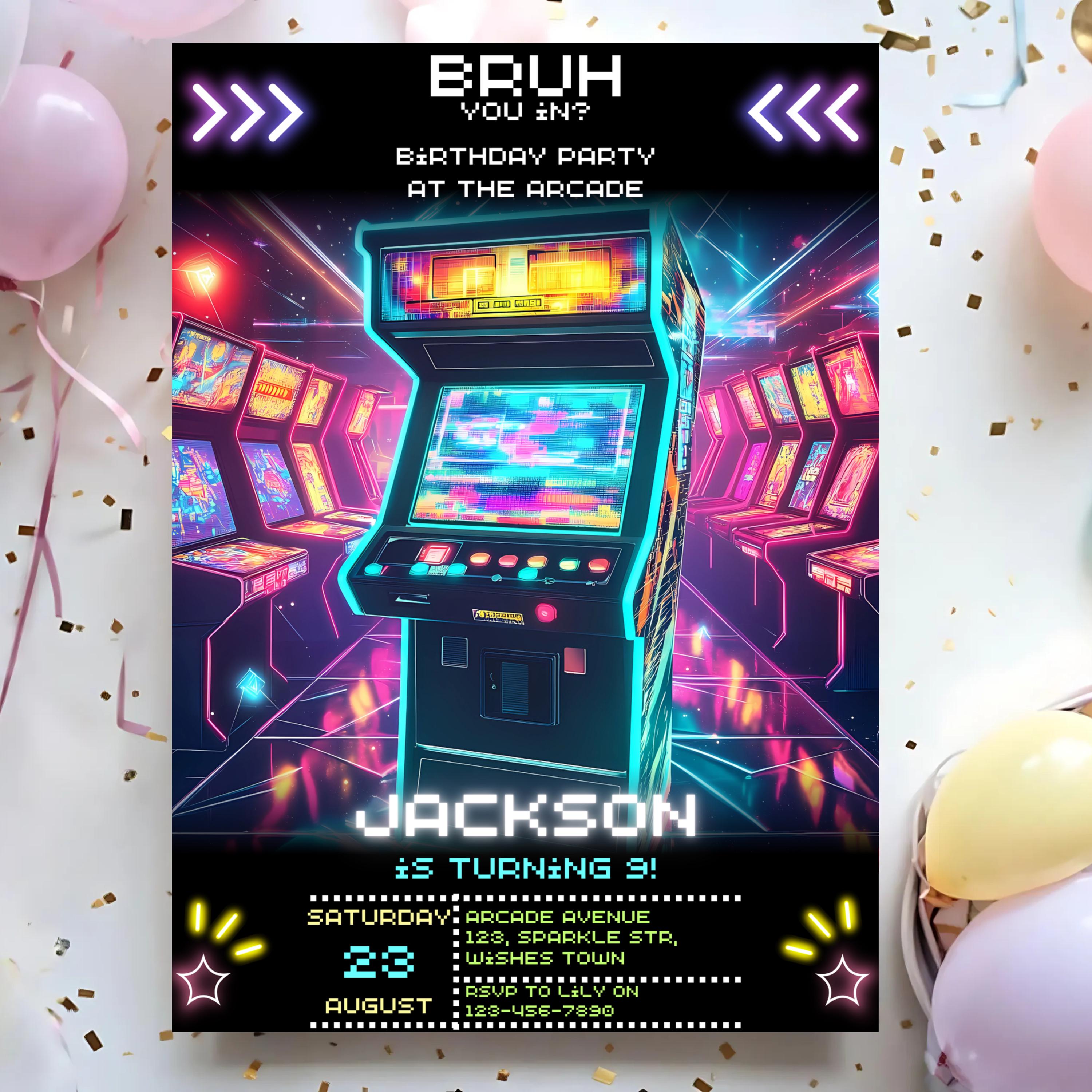 Editable Arcade Birthday Invitation, Retro Gaming Party Invite, Bruh ...