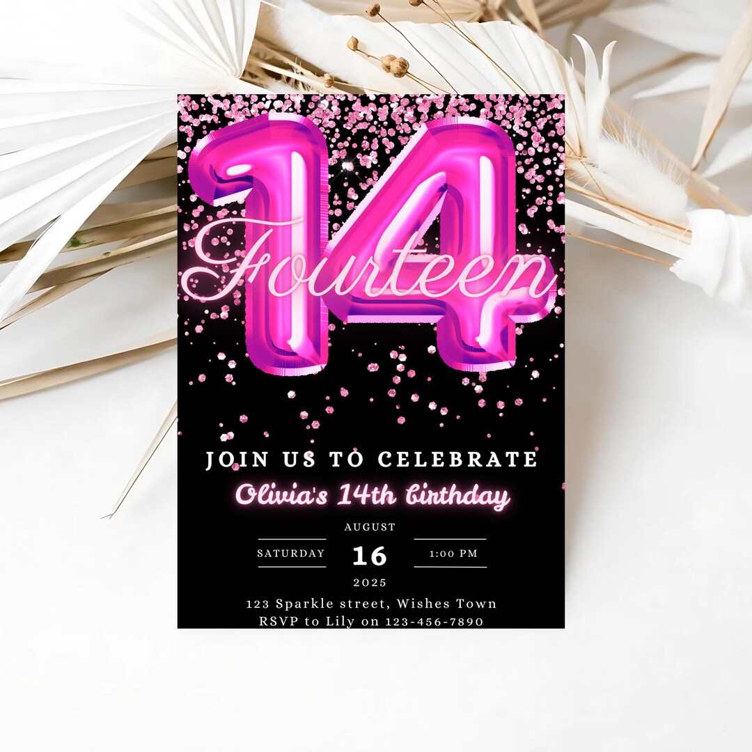 Pink Glitter 14th Birthday Invitation Template, Rainbow Foil (editable ...