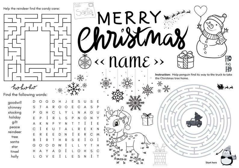 Christmas Activity Mat for Kids Printable Christmas Placemat Instant ...