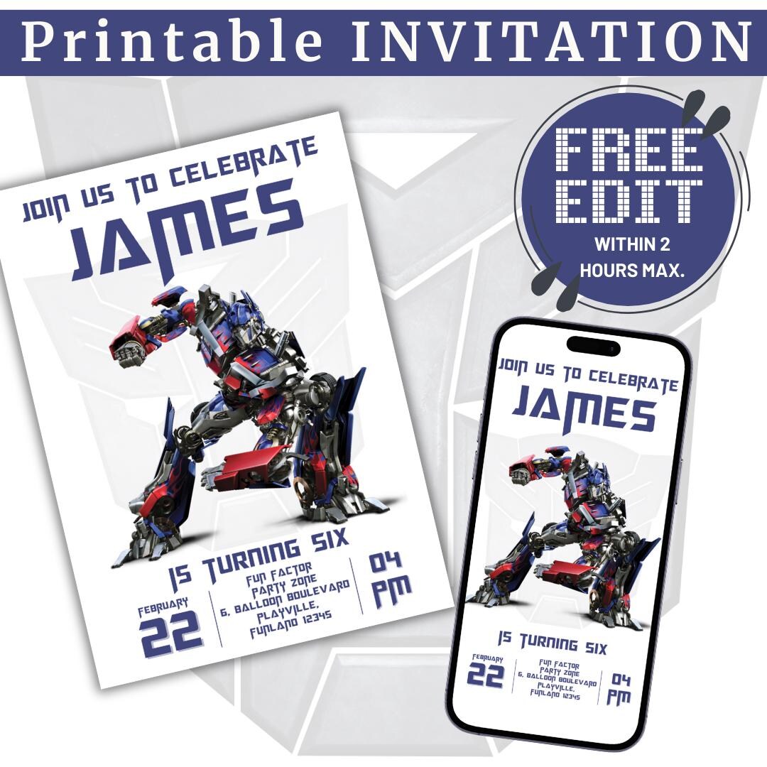 Transformers Party, Optimus Prime Invite, Autoboots Party Invitation ...