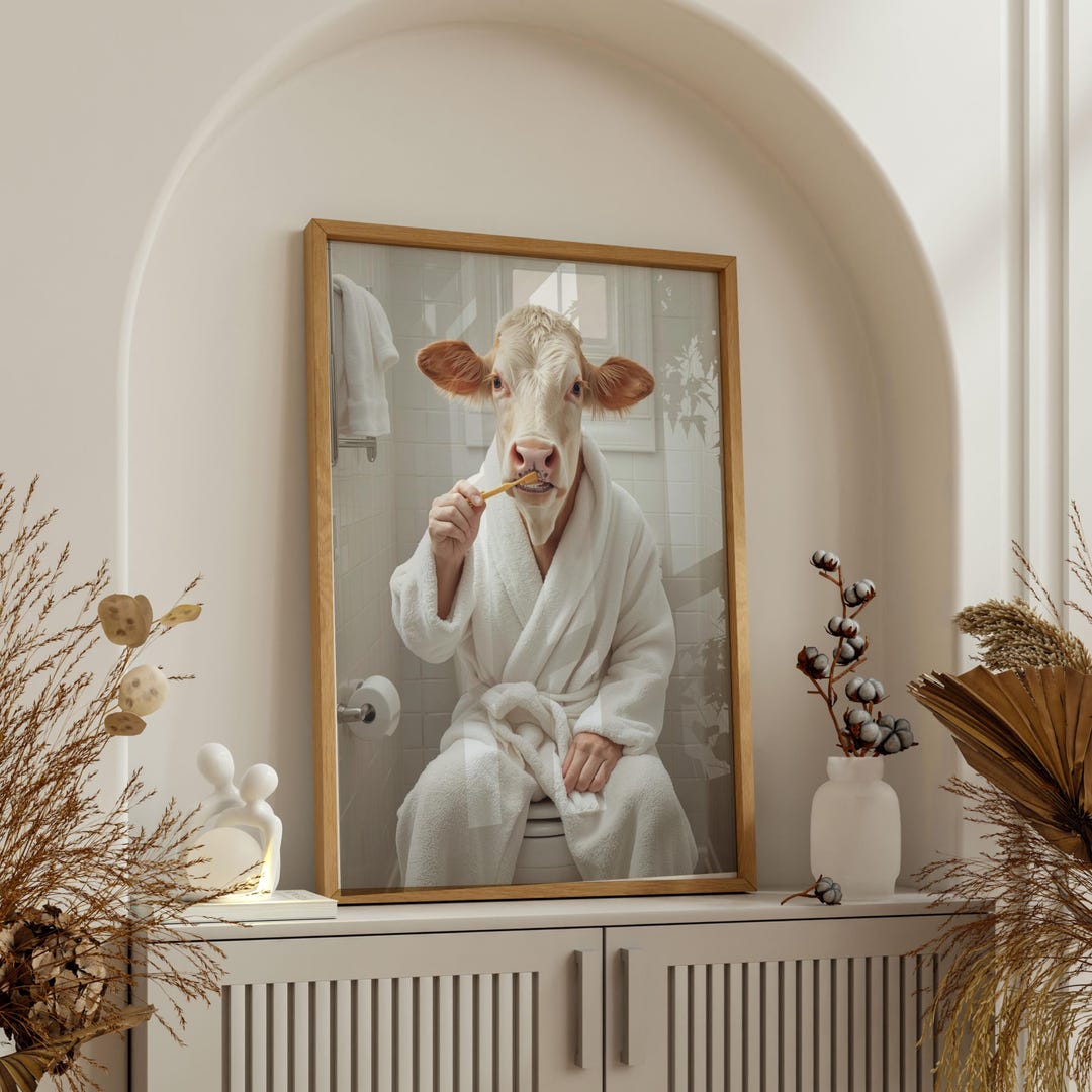 Funny Teeth Brushing Cow Bathroom Art Print (digital Download ...