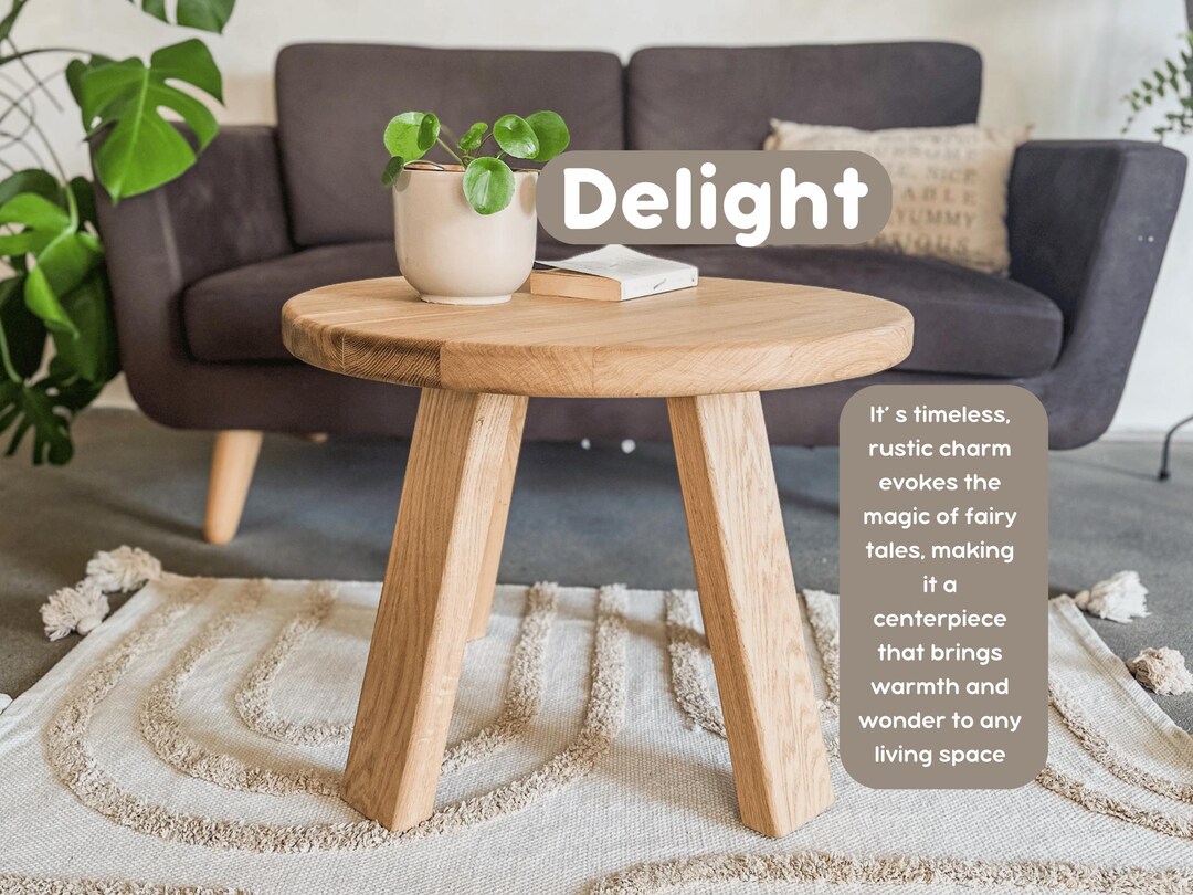 Round Solid Oak Coffee Table Rounded Edges Boho Rustic Style Natural ...