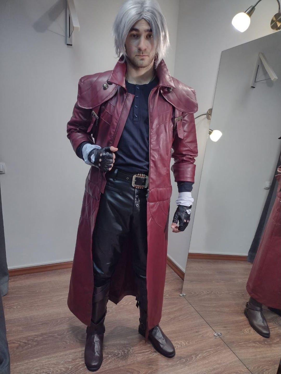 Burgundy Long Leather Coat Cosplay, Demon Hunter, Wig and Boots, Unique ...