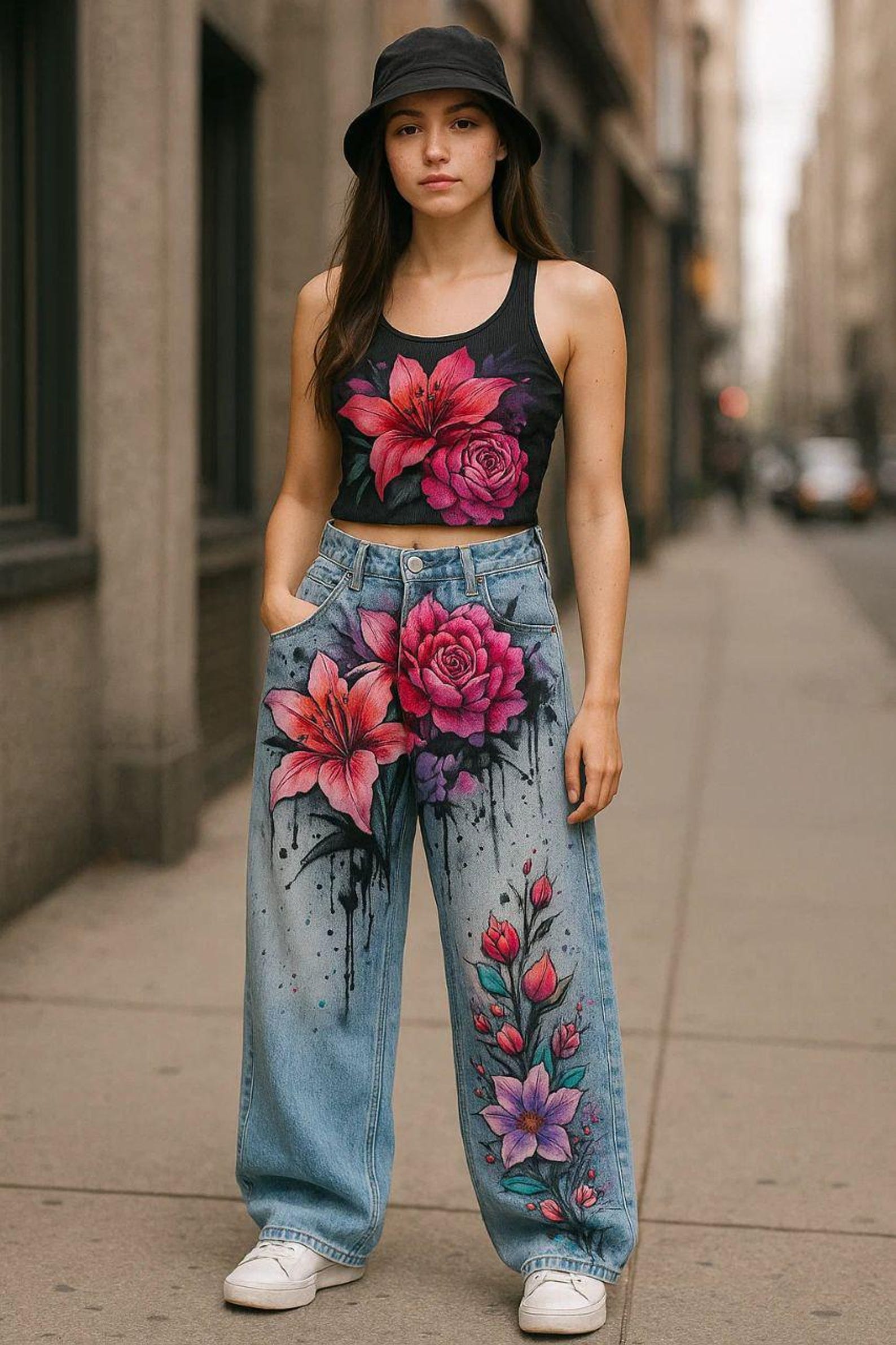Custom Painted Denim Jeans, Flowers, Grunge Style, Fashion, Handmade ...