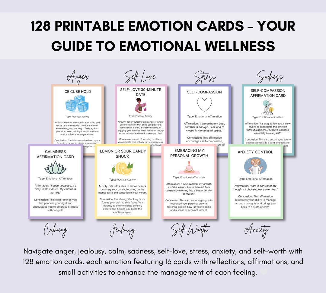 128 Printable Emotion Cards | Self-help Deck for Emotional Wellness ...