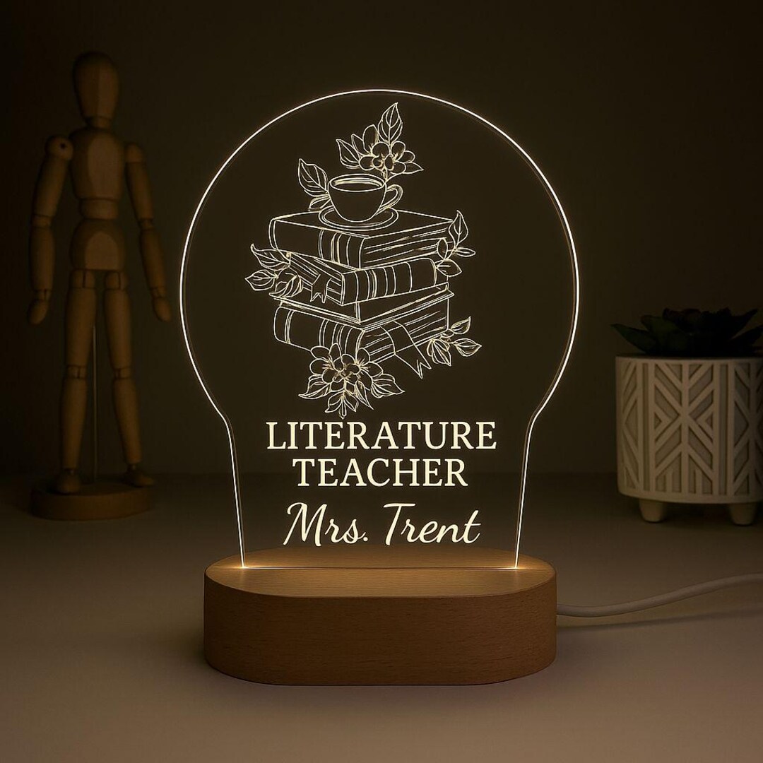 Personalized Literature Teacher LED Lamp: Engraved Wooden Night Light ...