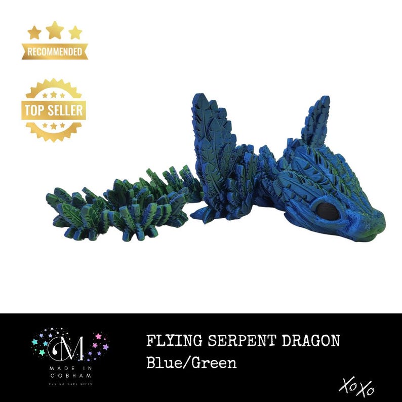 3D Printed Baby Flying Serpent Dragon | Dual-color Blue Green PLA ...