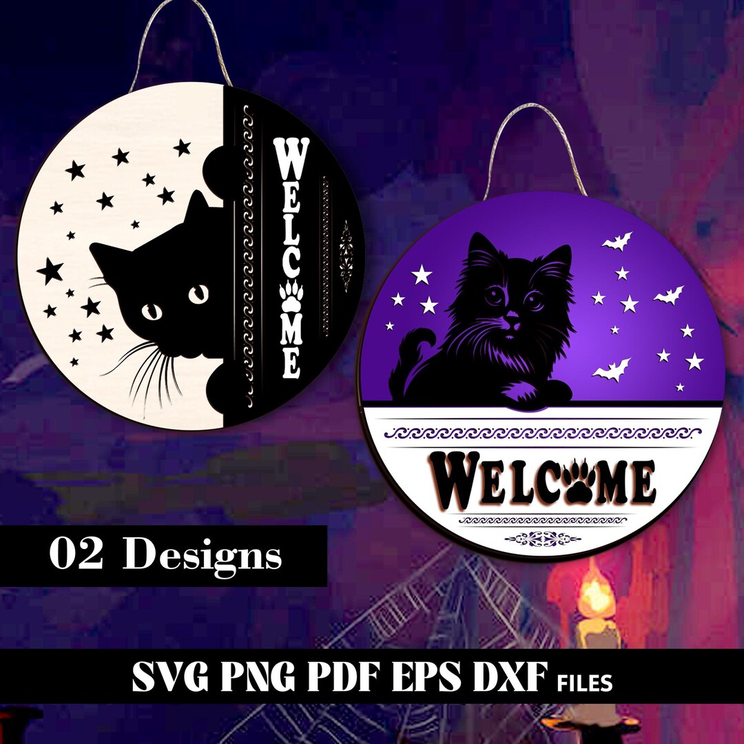 Black Cat Door Hanger Laser Cut, Welcome Sign SVG, Laser Cut Files ...