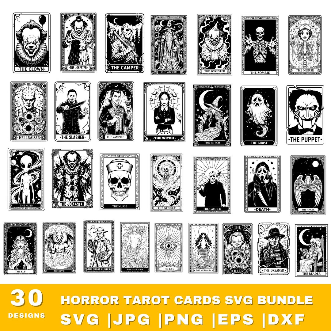 Horror Tarot Card SVG Bundle, Ghost Face, Clown, Slasher, Dreamer ...