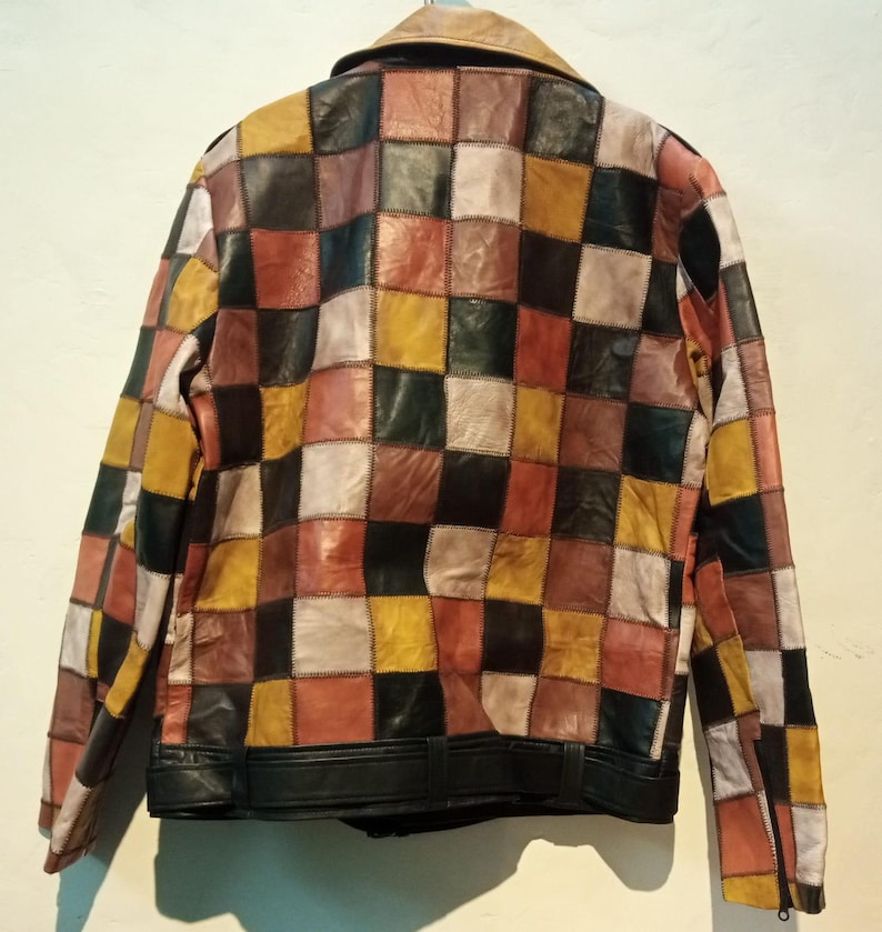 Vintage Style Unique Biker Leather Jacket Size US Large, Patchwork ...