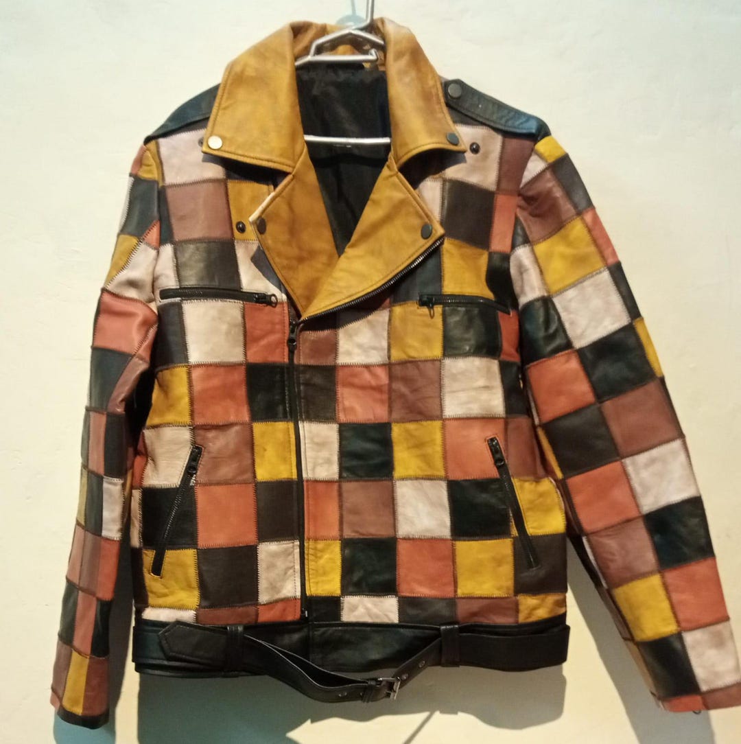 Vintage Style Unique Biker Leather Jacket Size US Large, Patchwork ...