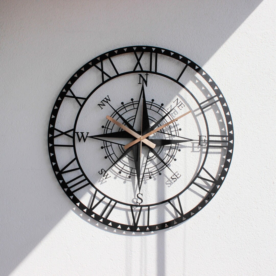 Unique Compass Metal Wall Clock | Extra Large & Silent Handmade Roman ...
