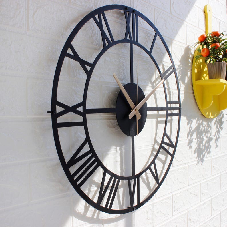 Large Black Metal Wall Clock, Vintage Roman Numeral Oversized Silent ...