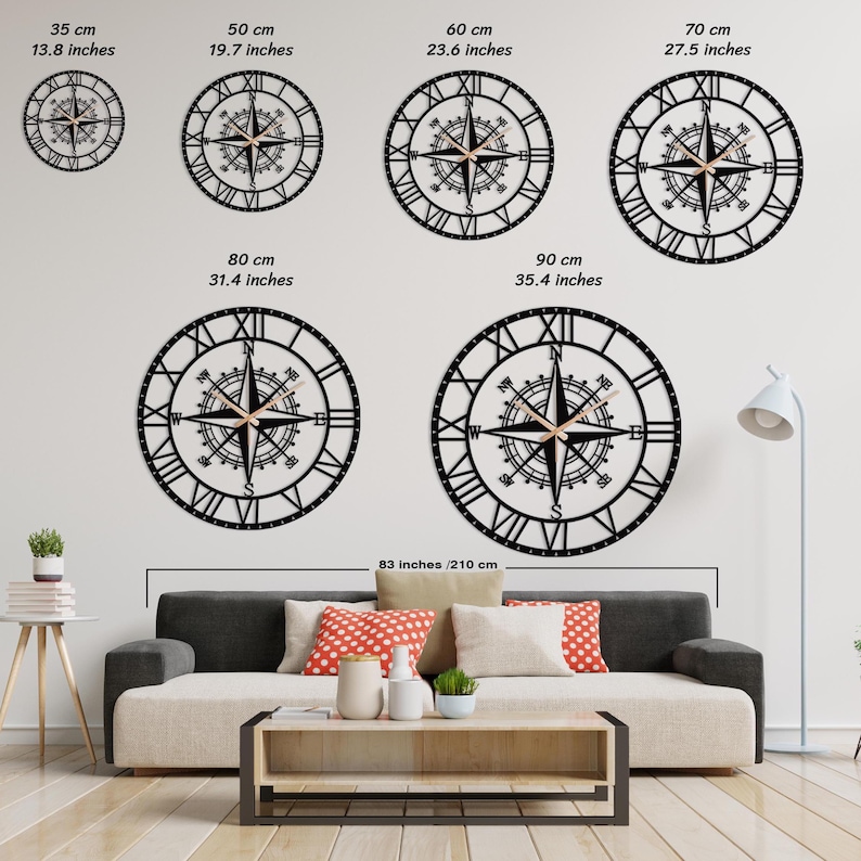 Unique Compass Metal Wall Clock | Extra Large & Silent Handmade Roman ...