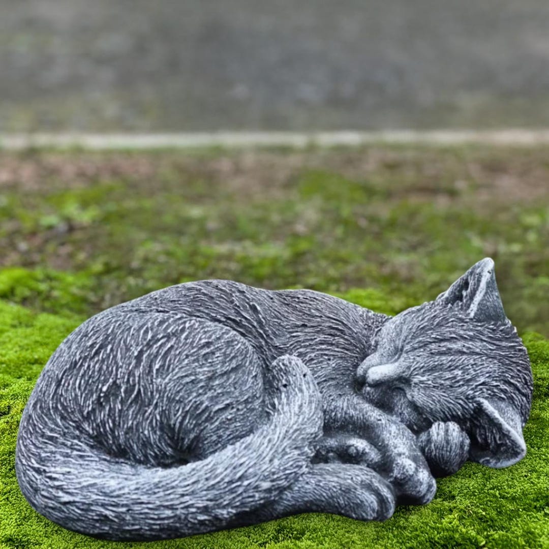 Concrete Curled Cat Figurine Outdoor Kitty Sculpture Garden Stone ...