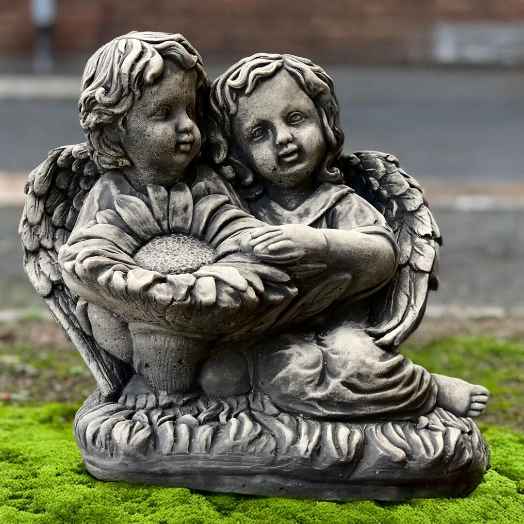 Stone Angels Figurine Concrete Pair Children Statue Outdoor Angels With ...