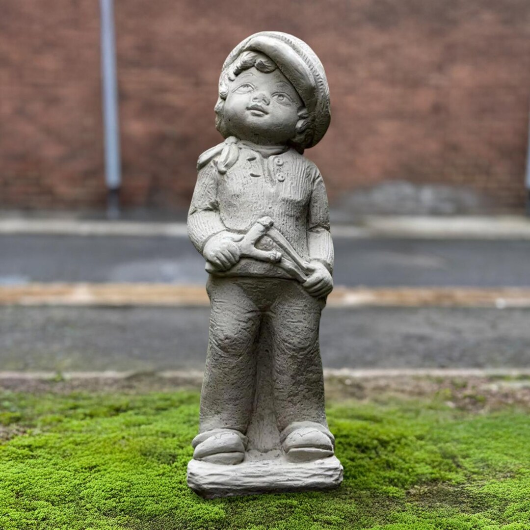 Stone Boy With Slingshot Statue Playful Child Figurine Cute Vintage ...