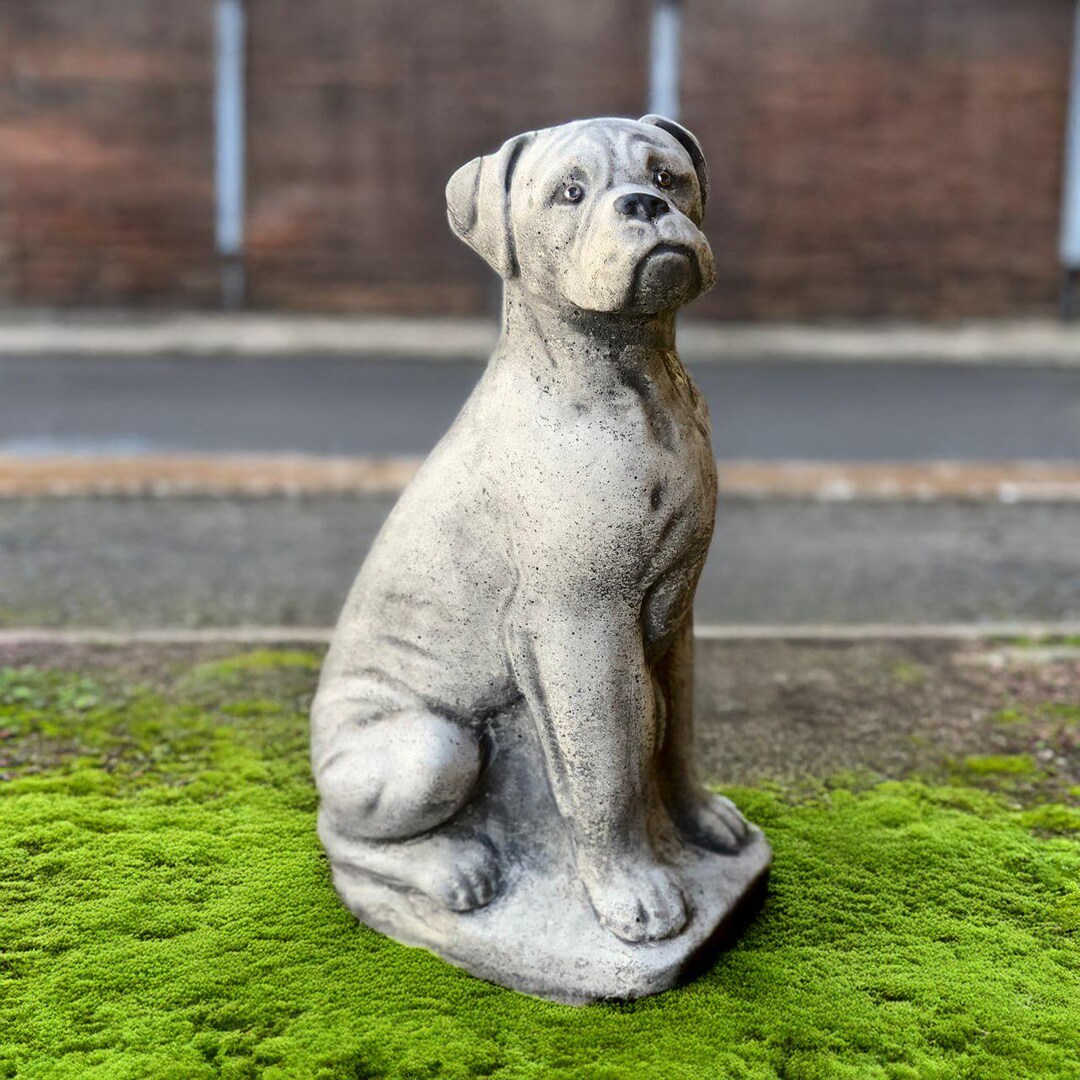 Stone Boxer Dog Statue Sitting Concrete Pet Sculpture Handmade Garden ...