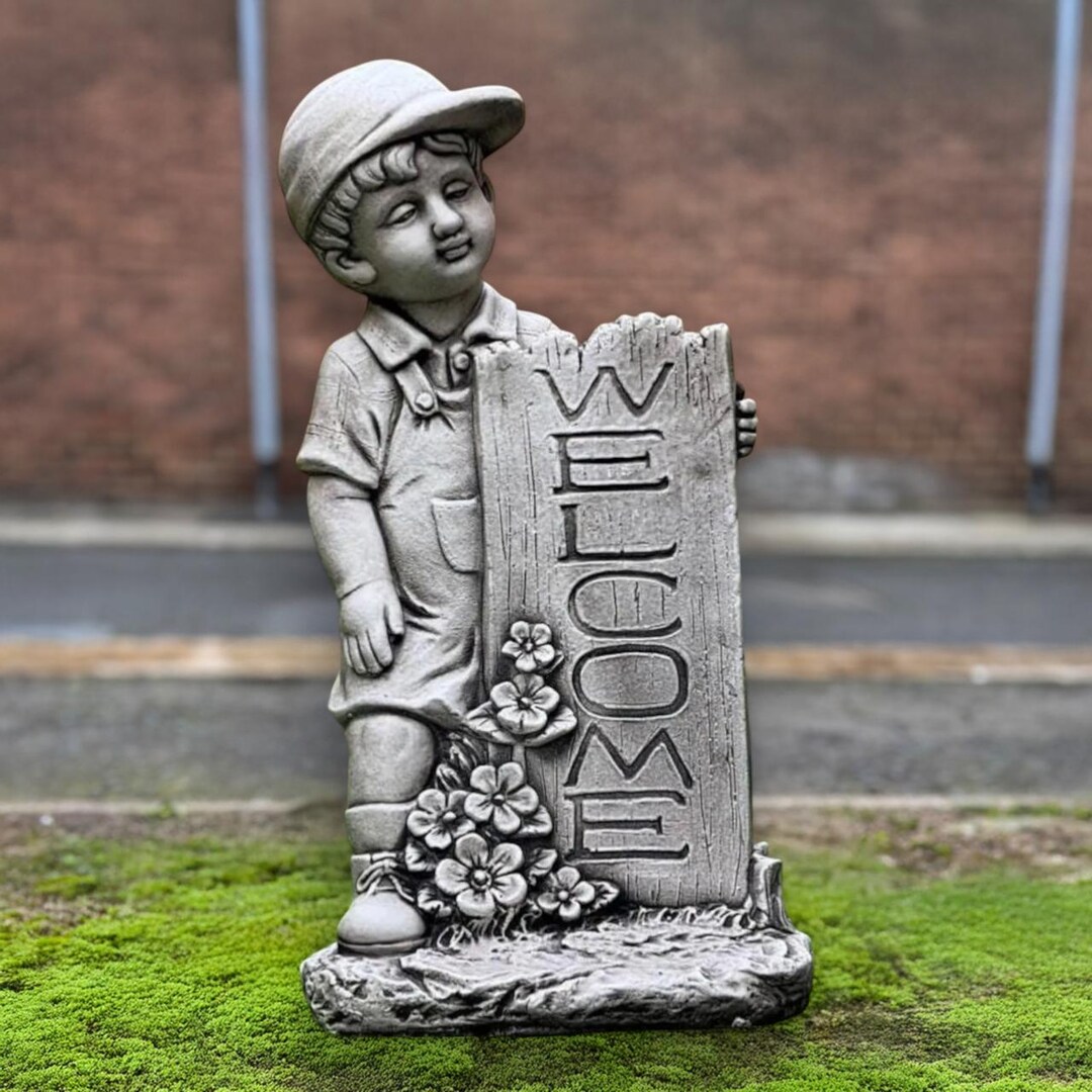 Stone Boy Statue Boy With Welcome Sign Sculpture Concrete Boy Figurine ...