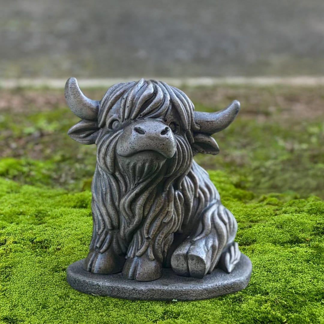 Concrete Cute Bull Statue Handmade Highland Cow Figurine Stone Farm ...