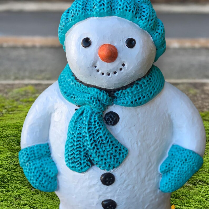 Cute Snowman Sculpture Handmade Concrete Winter Figurine Stone Festive ...