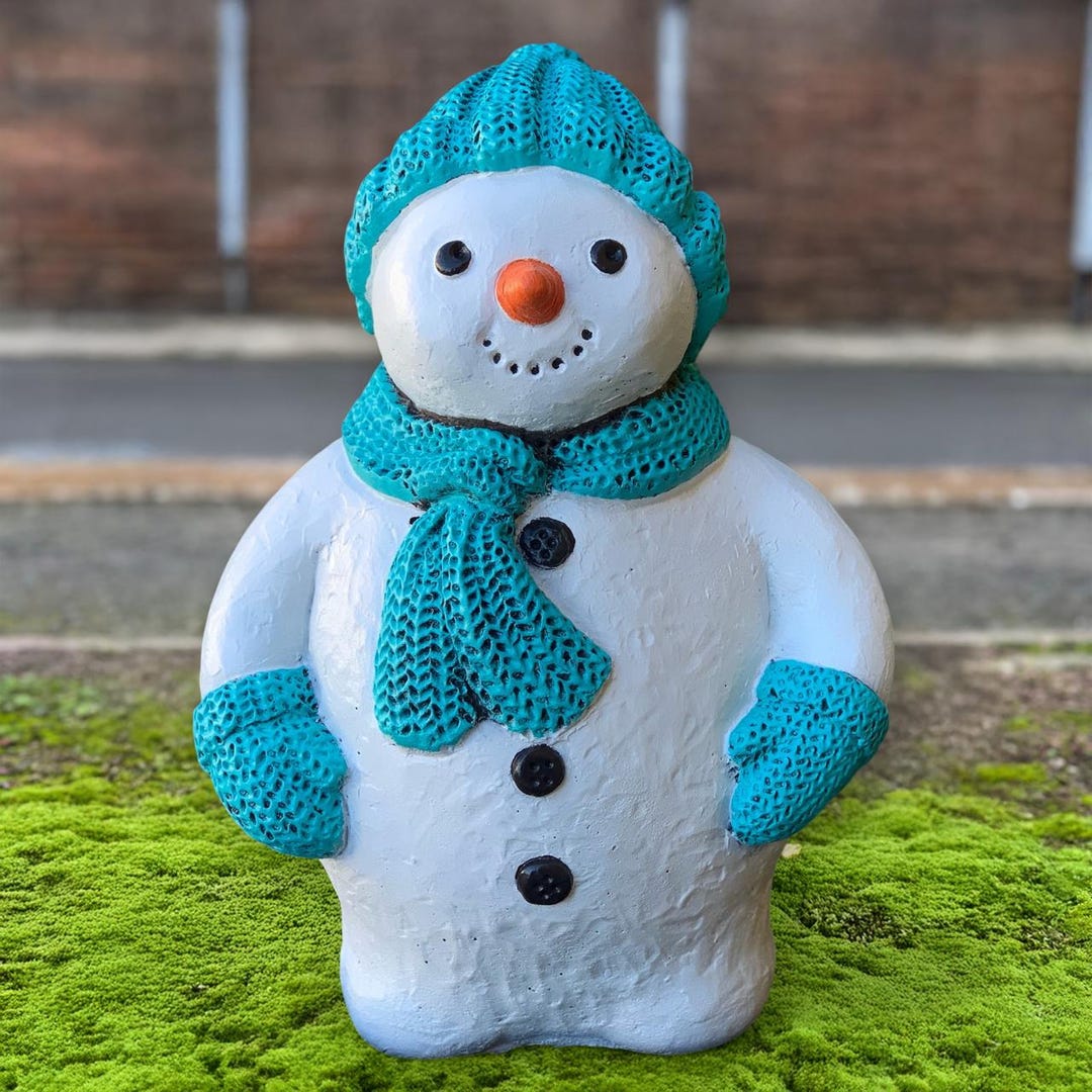 Cute Snowman Sculpture Handmade Concrete Winter Figurine Stone Festive ...