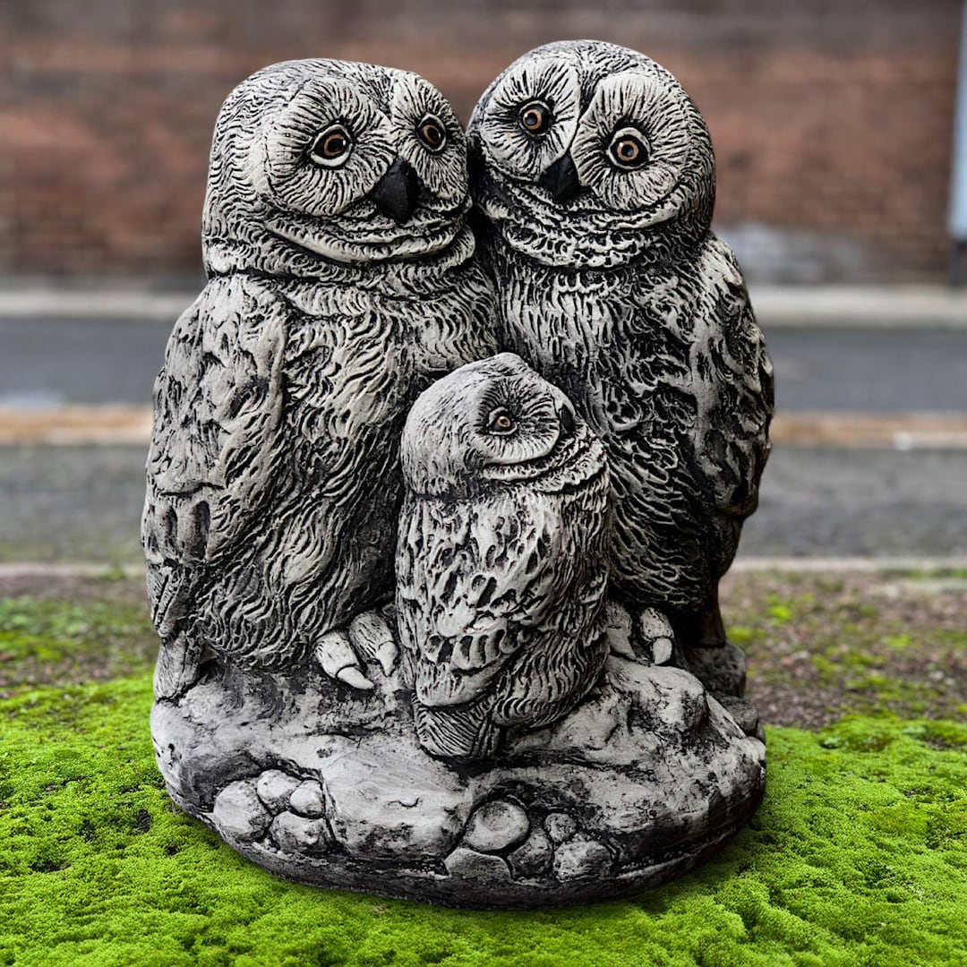 Large Stone Owl Family Statue Concrete Owl Figurine Outdoor Bird Garden ...