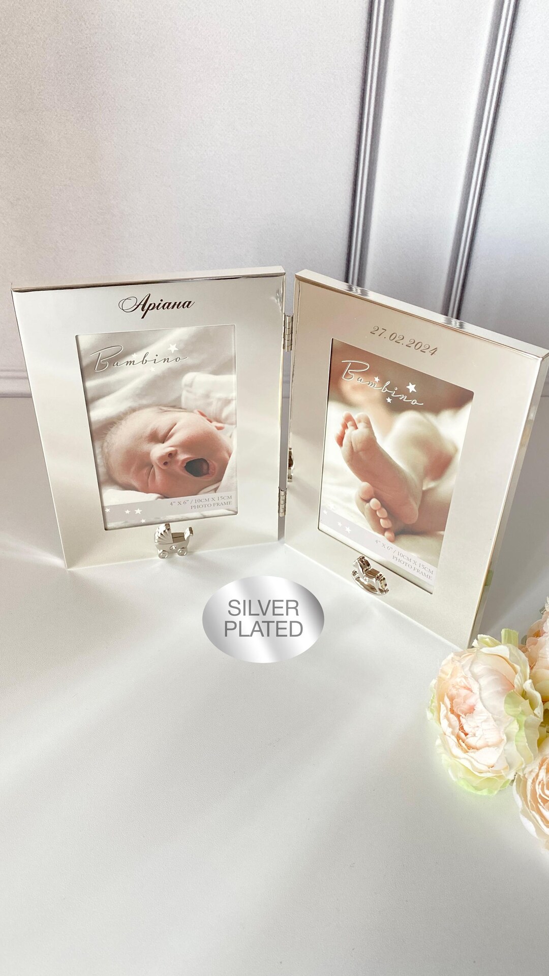 Personalized Silver Double Photo Frame, Engraved Name Double Photograph ...